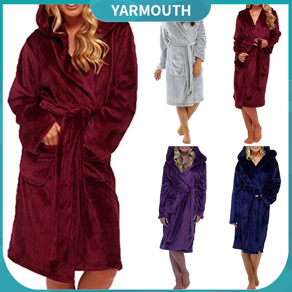 ♥YAR♥Plus Size Women Solid Color Flannel Hooded Bath Robe Dressing Gown ...