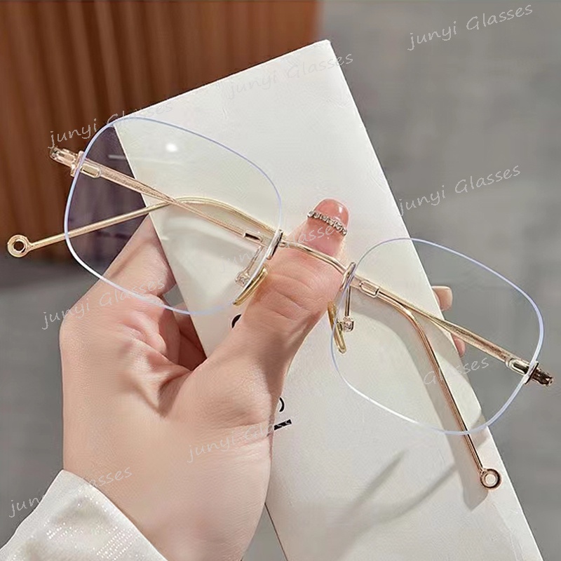 Korean Women Frameless Eyeglasses Frame Square transparent lens Anti Blue Light Glasses For ...