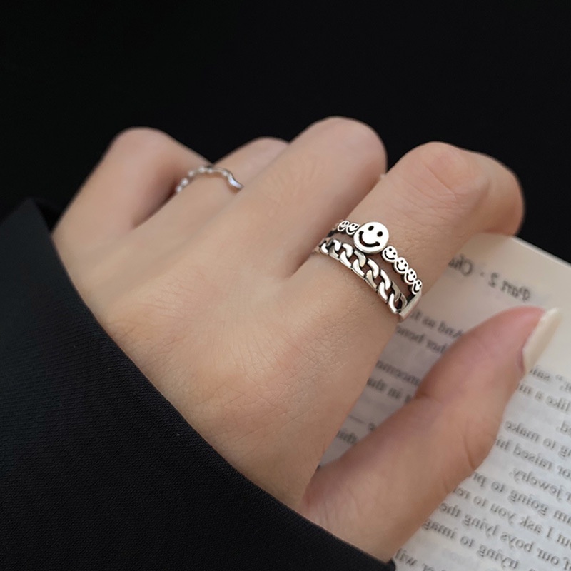 Double Smiley Face Ring Female Index Finger Vintage Niche Design Opening Adjustable | Shopee ...