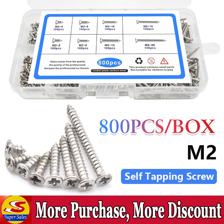 【SuperSales】800Pcs M2 Self-Tapping Screws Cross Drive Flat Head Screw ...
