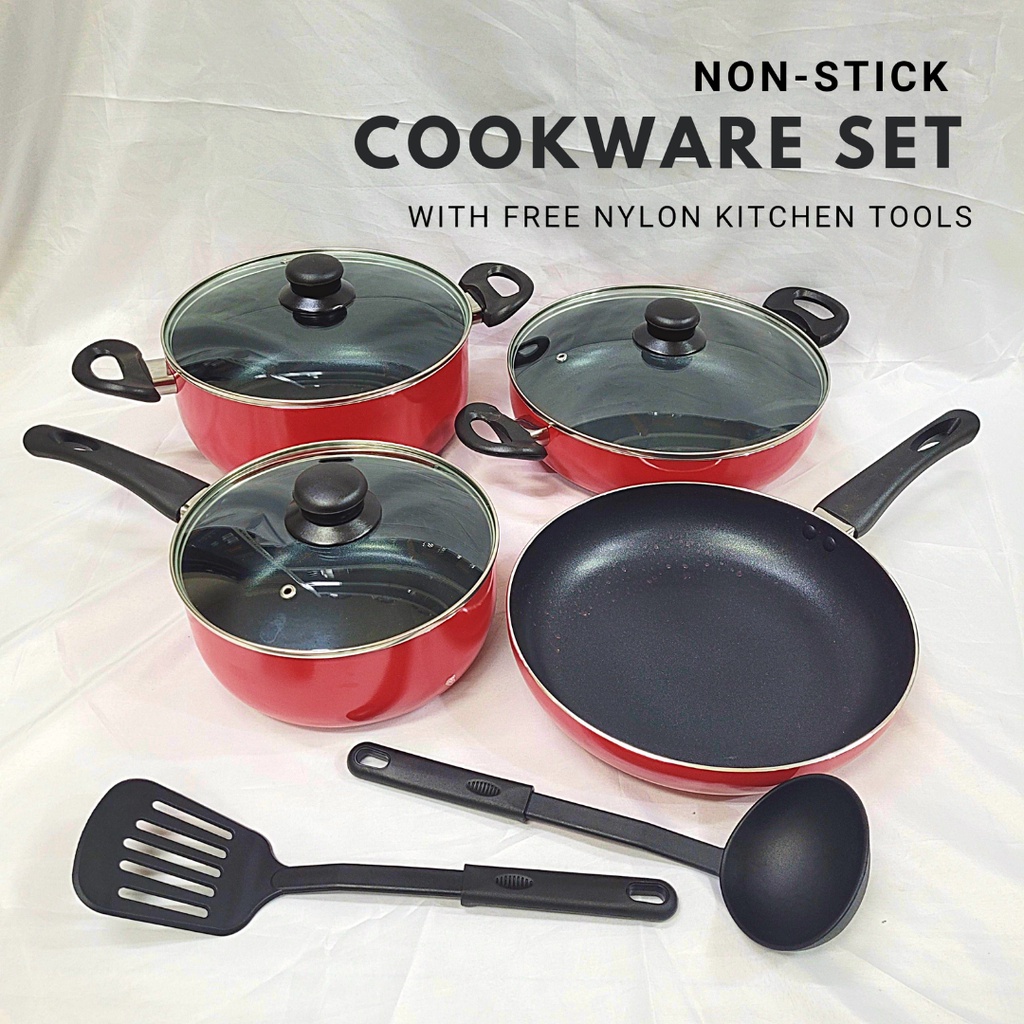 Non-stick Cookware set with free Nylon kitchen tools (Red) | Shopee ...