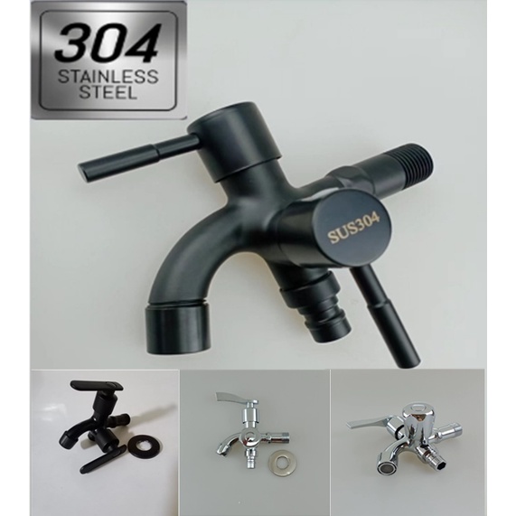 Black 304 Stainless Steel 1 In 2 Out Two Way Water Tap Washing Machine ...