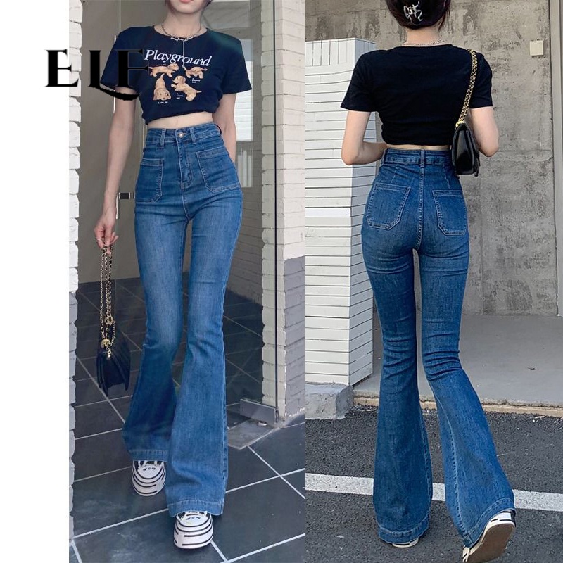 【48H Delivery】Korean elephant HighWaist Wide Leg bell bottom denim Jeans Pants trousers for ...