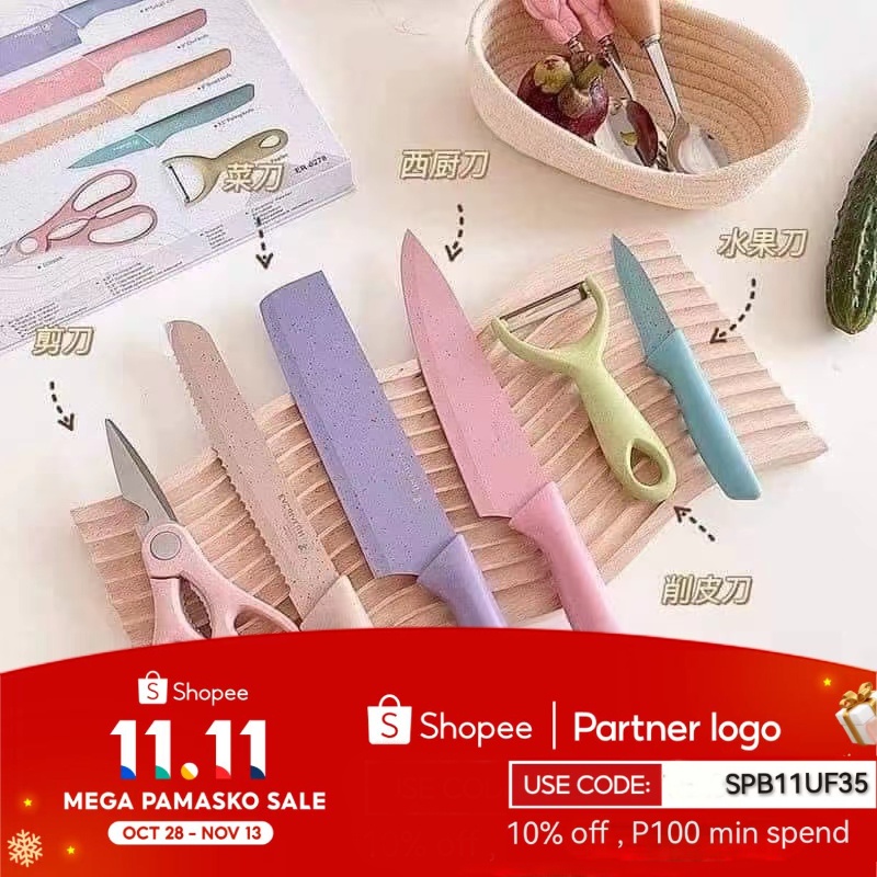 6PCS Kitchen Knife Set Colorful Stainless Steel Cleaver Scissor Kitchen ...