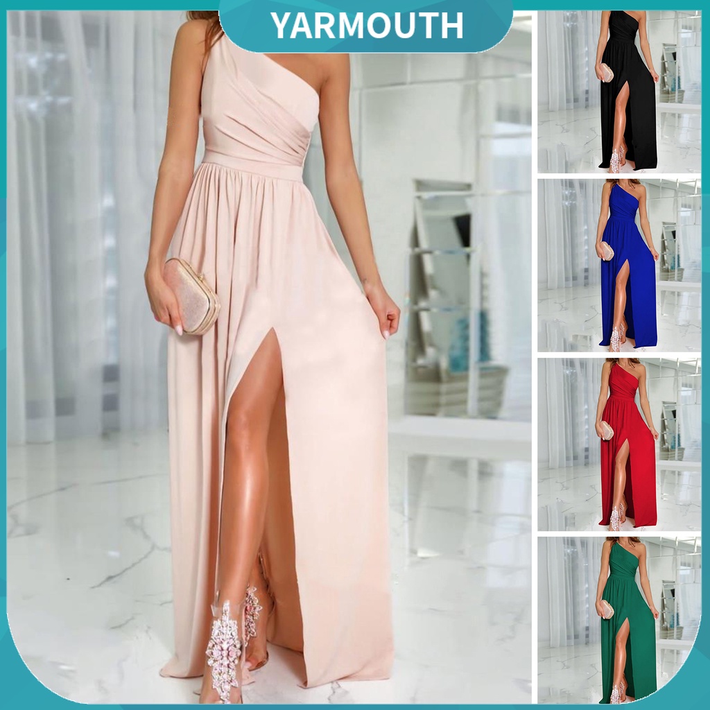 YYR-Women Dress Solid Color One Shoulder Split All Match Evening Dress ...