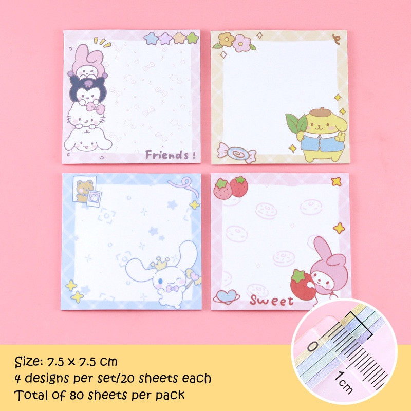 Cute Sanrio Characters My Melody Kuromi Assorted 4 in 1 Sticky Notes 80 ...