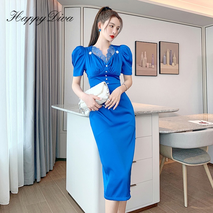 Happy Diva Ph Slim Midi Dress V Neck Short Sleeve Korean Lace Style
