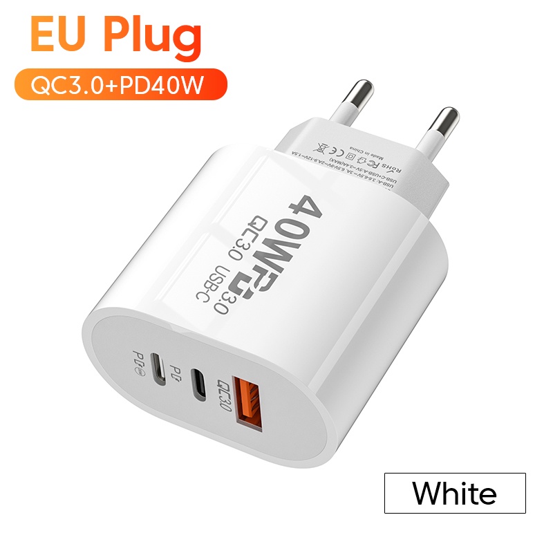 3 Ports Type C Charger QC3.0 40W Fast Charging Charger USB C Adapter ...