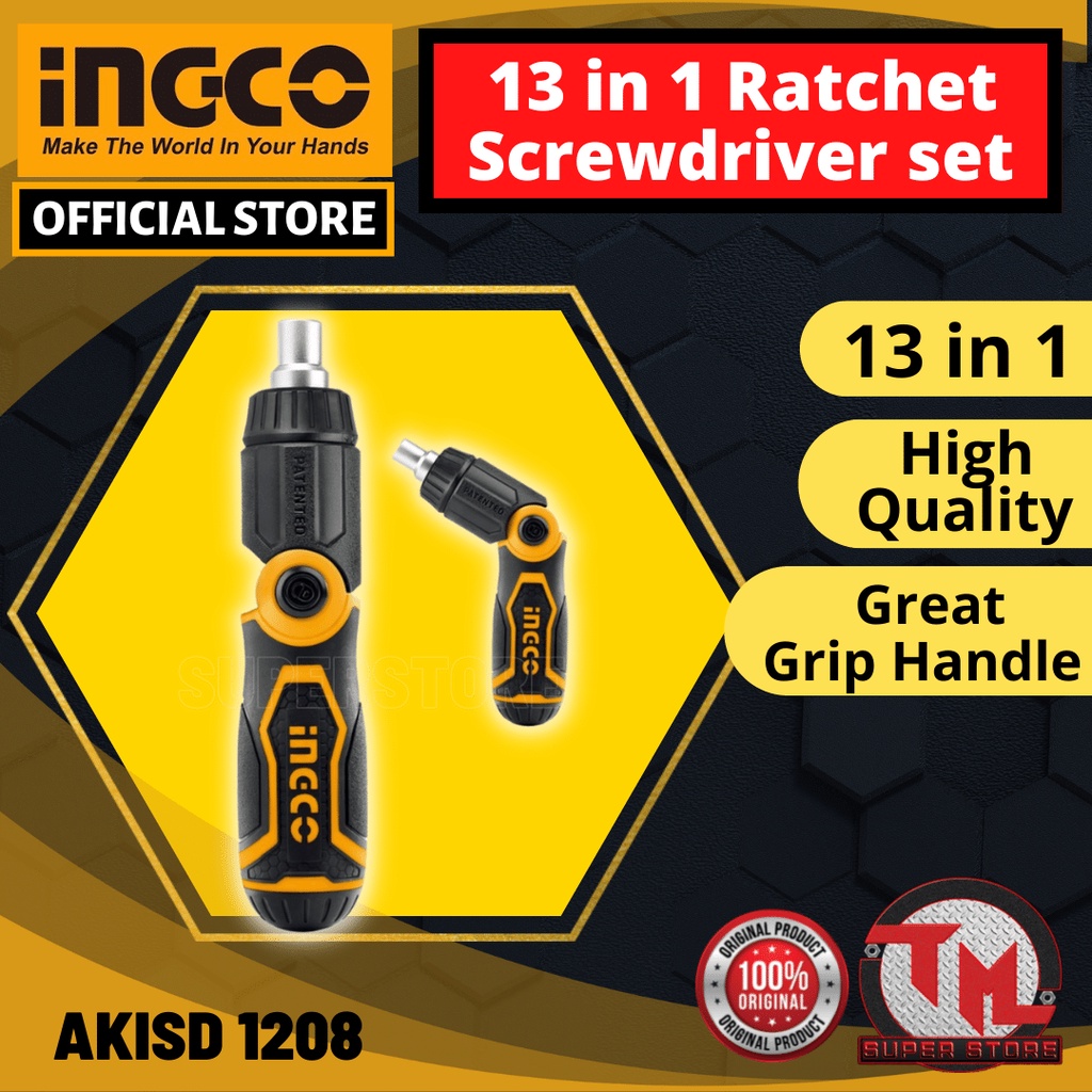 INGCO Ratchet Screwdriver set 13 in 1 AKISD 1208 • Tm ss | Shopee ...