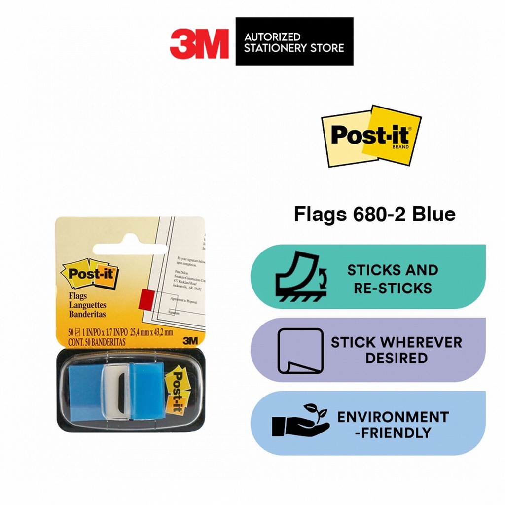 3M Post-It® Flags, 1X1.7IN, 50FL/PD, 36/CV 680-2 Blue [MP6802] | Shopee ...