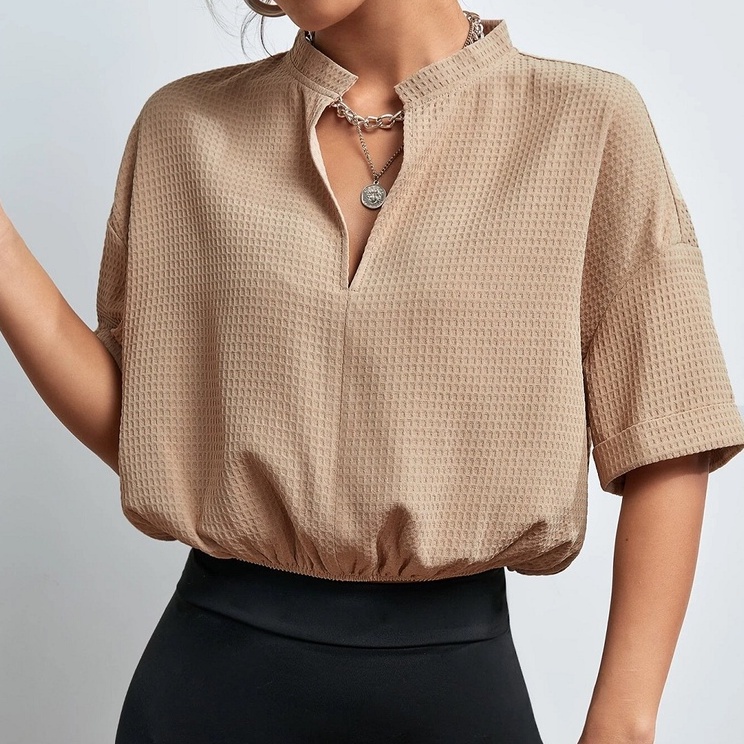 NB Waffle Knit Polo Crop Top Loose Fit 3/4 Sleeve Garter Top LEXIE ...