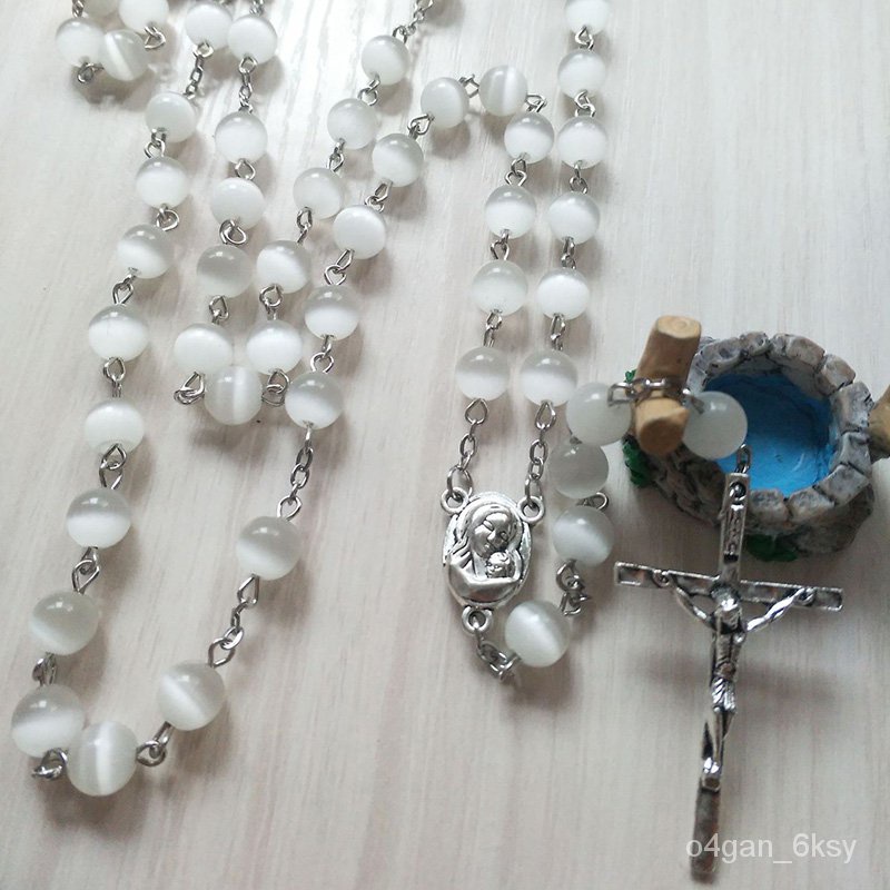 Catholic Crucifix Cross White Cat's Eye Stone Prayer Beads Chain Rosary ...