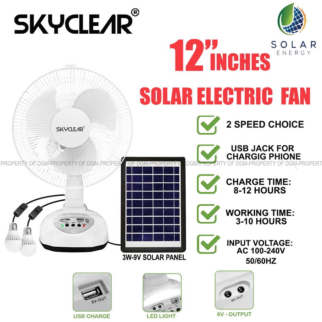 SKYCLEAR Solar electric fan Rechargeable with panel 12" solar fan with ...