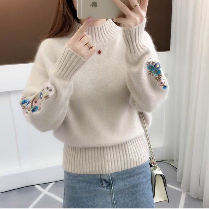 Sweater Women's Half high collar embroidery bottomed sweater Long ...