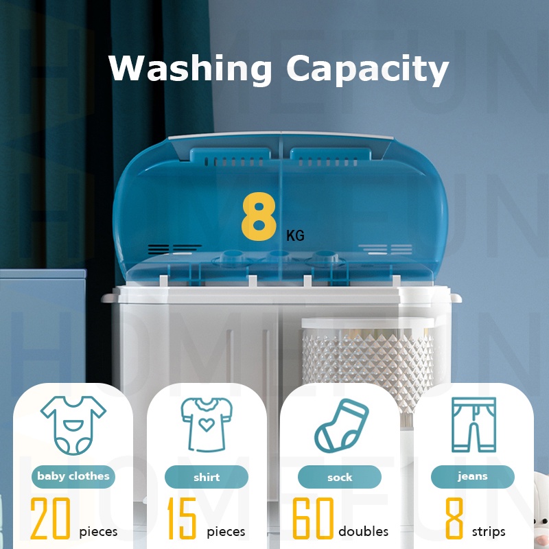 HOMEFUN Double Barrel Mini Washing Machine With Spin Dryer Semi ...
