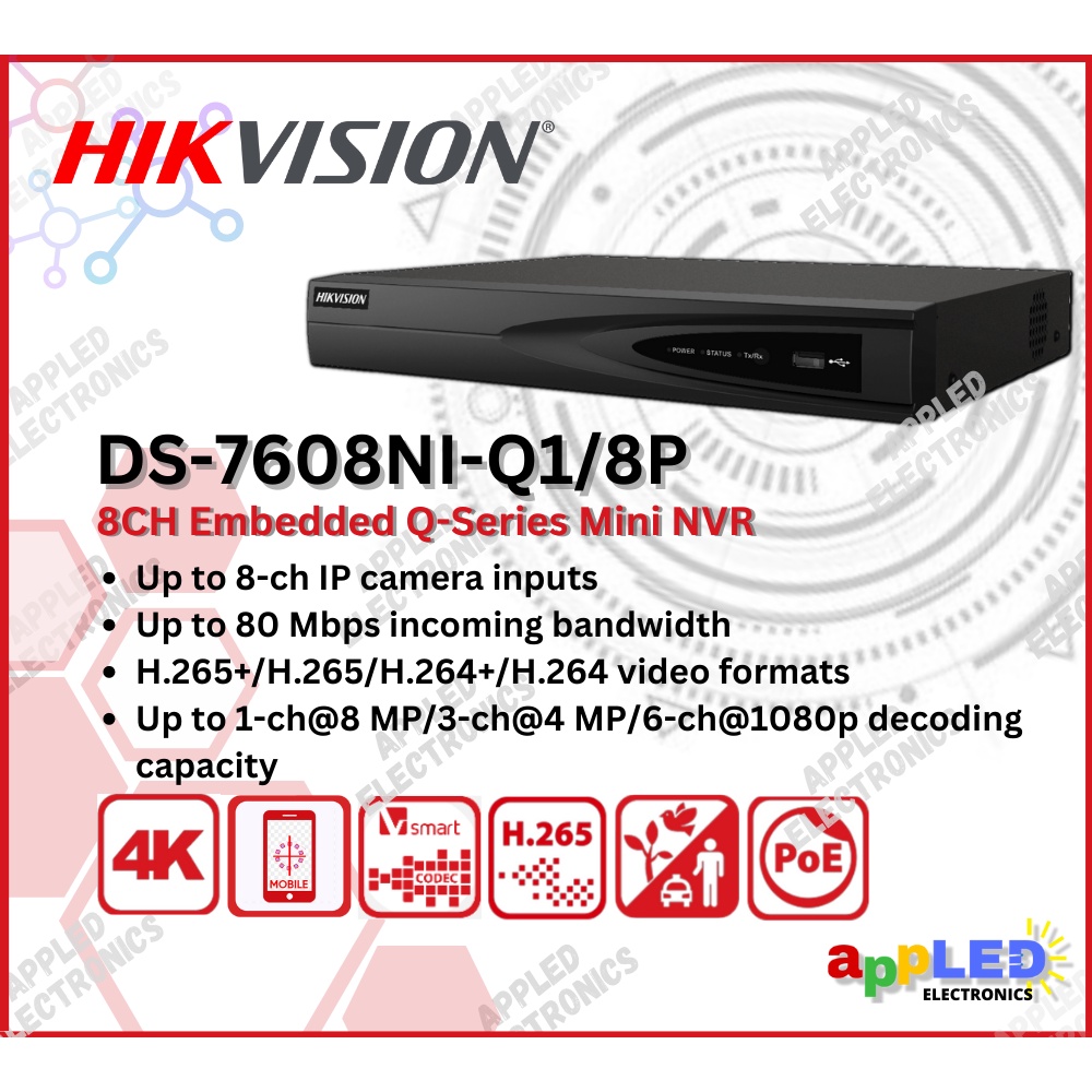 Hikvision DS-7608NI-Q1/8P 8CH 1U 8 PoE 4K NVR with 8 Built-in PoE Interfaces | Shopee Philippines