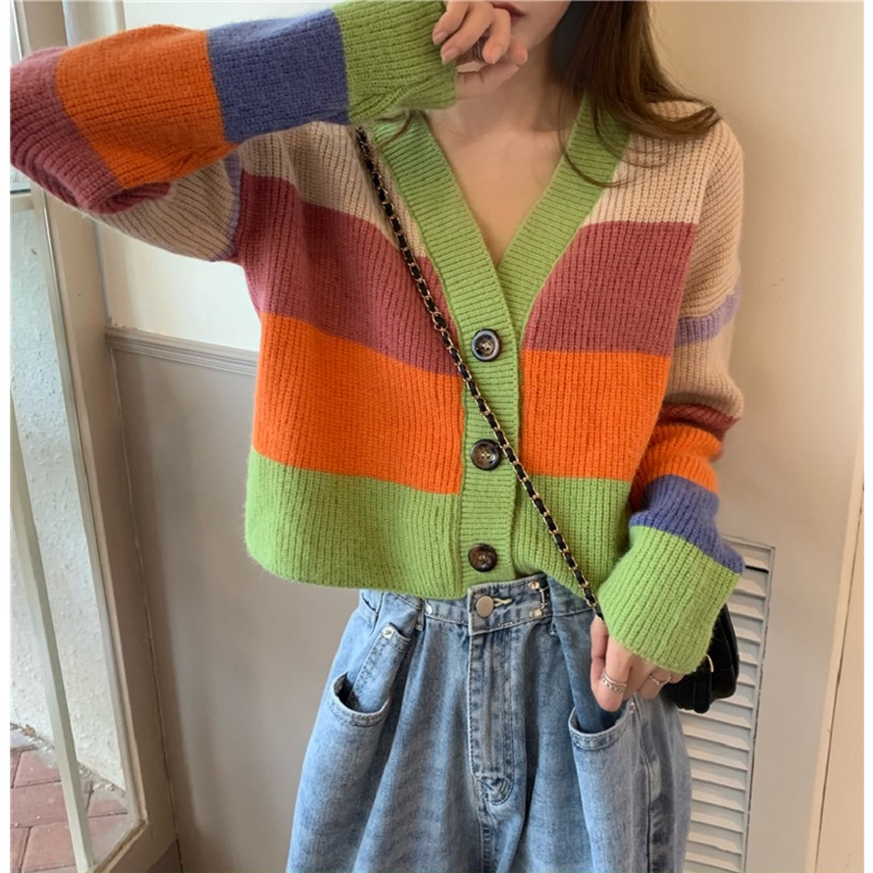 [Huangyoyo]Korean Style Outer V-neck Colorblock Sweater Short Knit ...