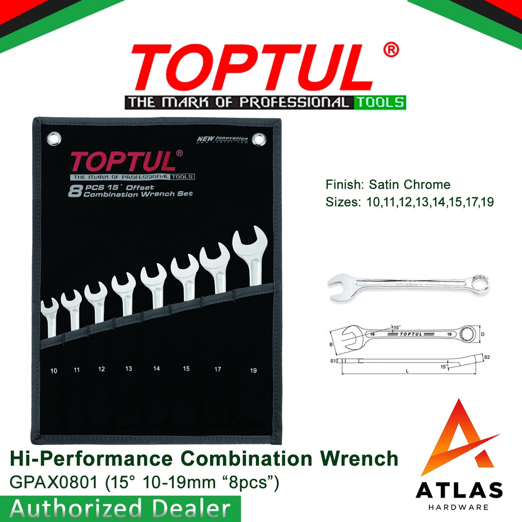 Toptul Hi-Performance Combination Wrench Set 15° 8pcs GPAX0801 | Shopee ...