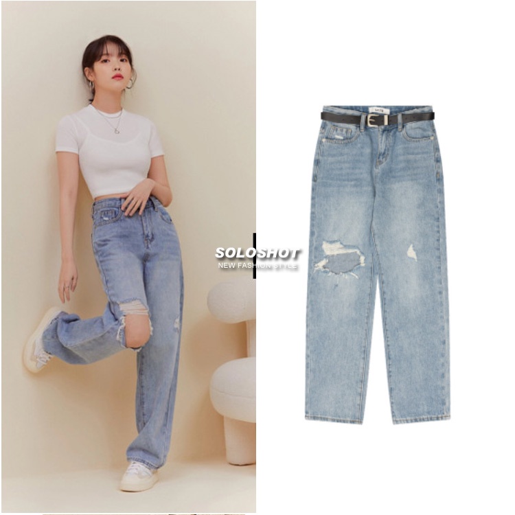 IU Lee Same Pants Vintage Distressed High Waist Straight Washed Wide ...