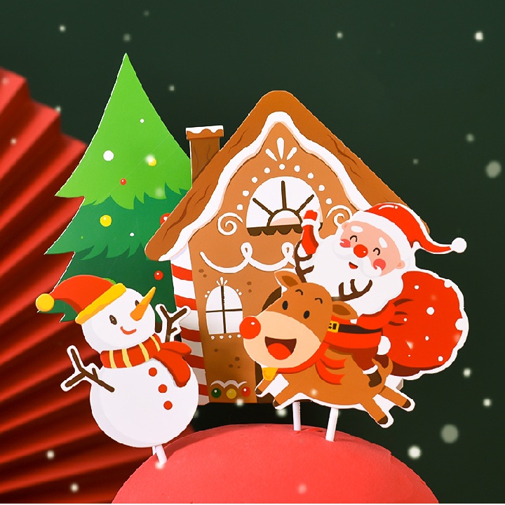 Merry Christmas Theme Elk Snowman House Paper Card Cake Topper Bake