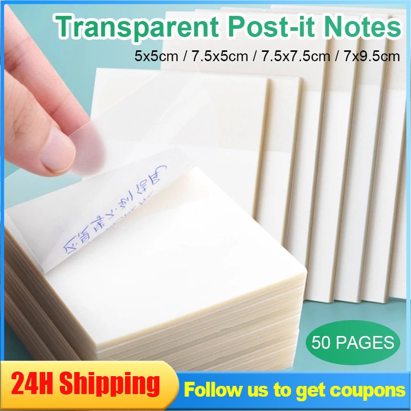 50 Sheets/Set Transparent Sticky Notes Waterproof & Clear Sticky Note ...