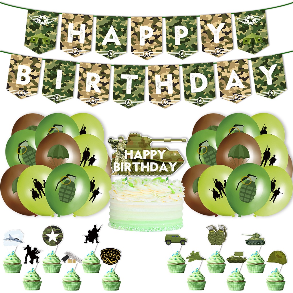 Green Military Camouflage Theme Banner Cake Top Hat Aircraft Tank Foil ...