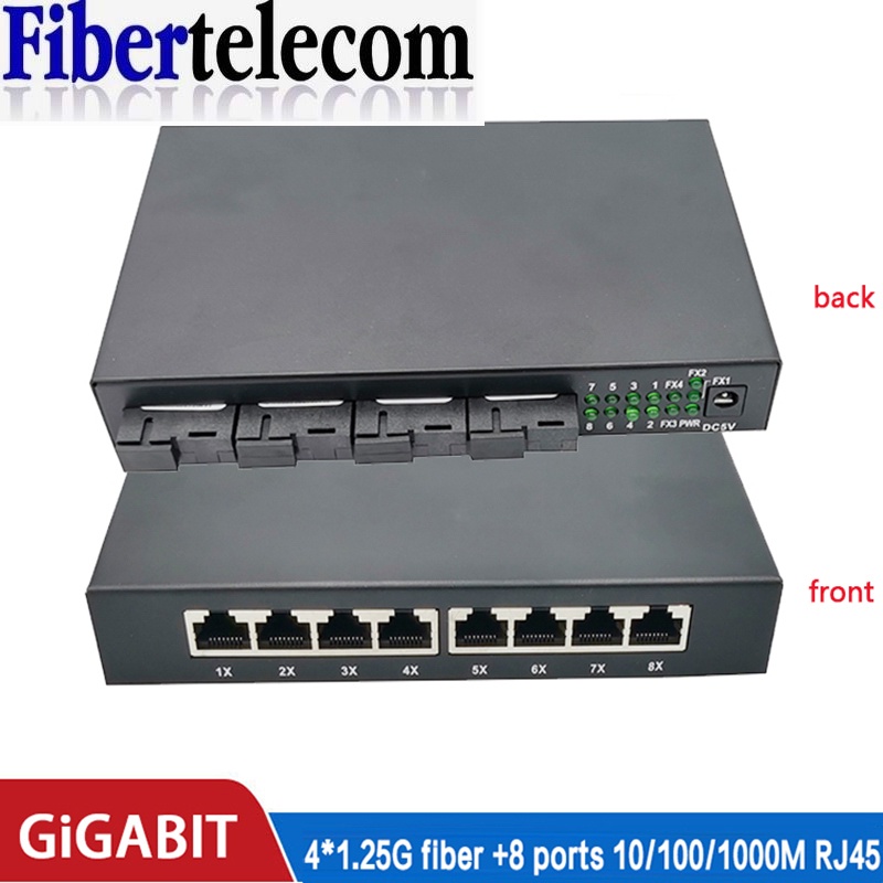 Gigabit Fiber Switch 4F8E Fiber Optical Media Converter Ethernet Single Mode 8 RJ45 and 4 SC ...
