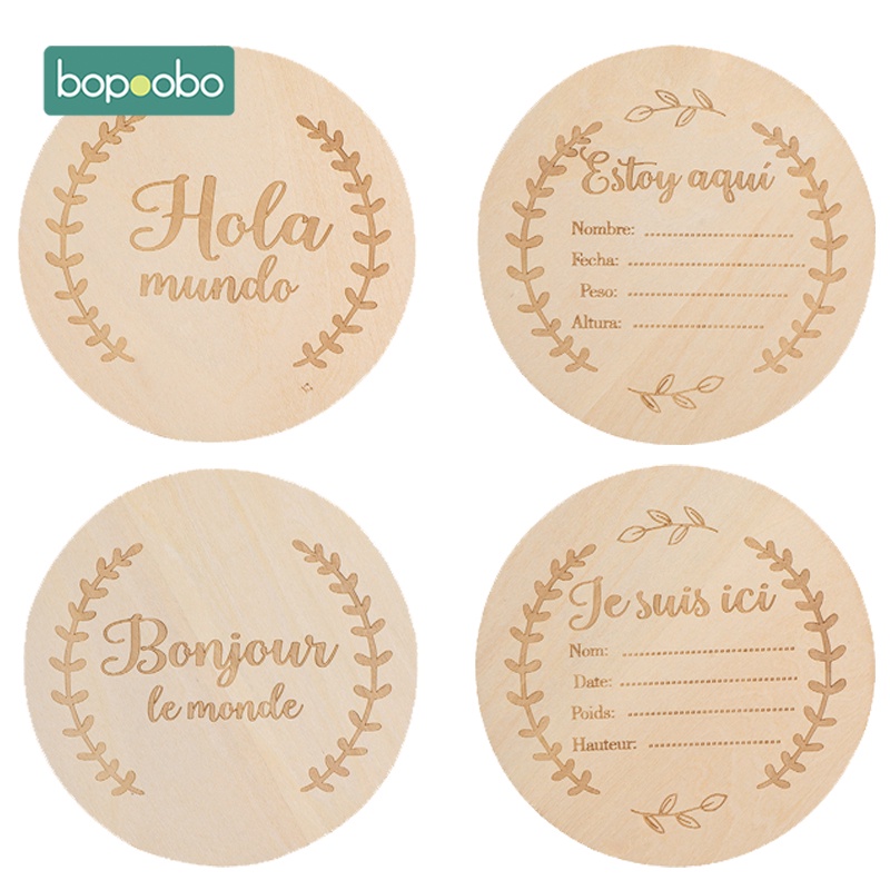 Bopoobo Baby Wooden Spanish French Milestone Card Engraved Wooden Hello ...