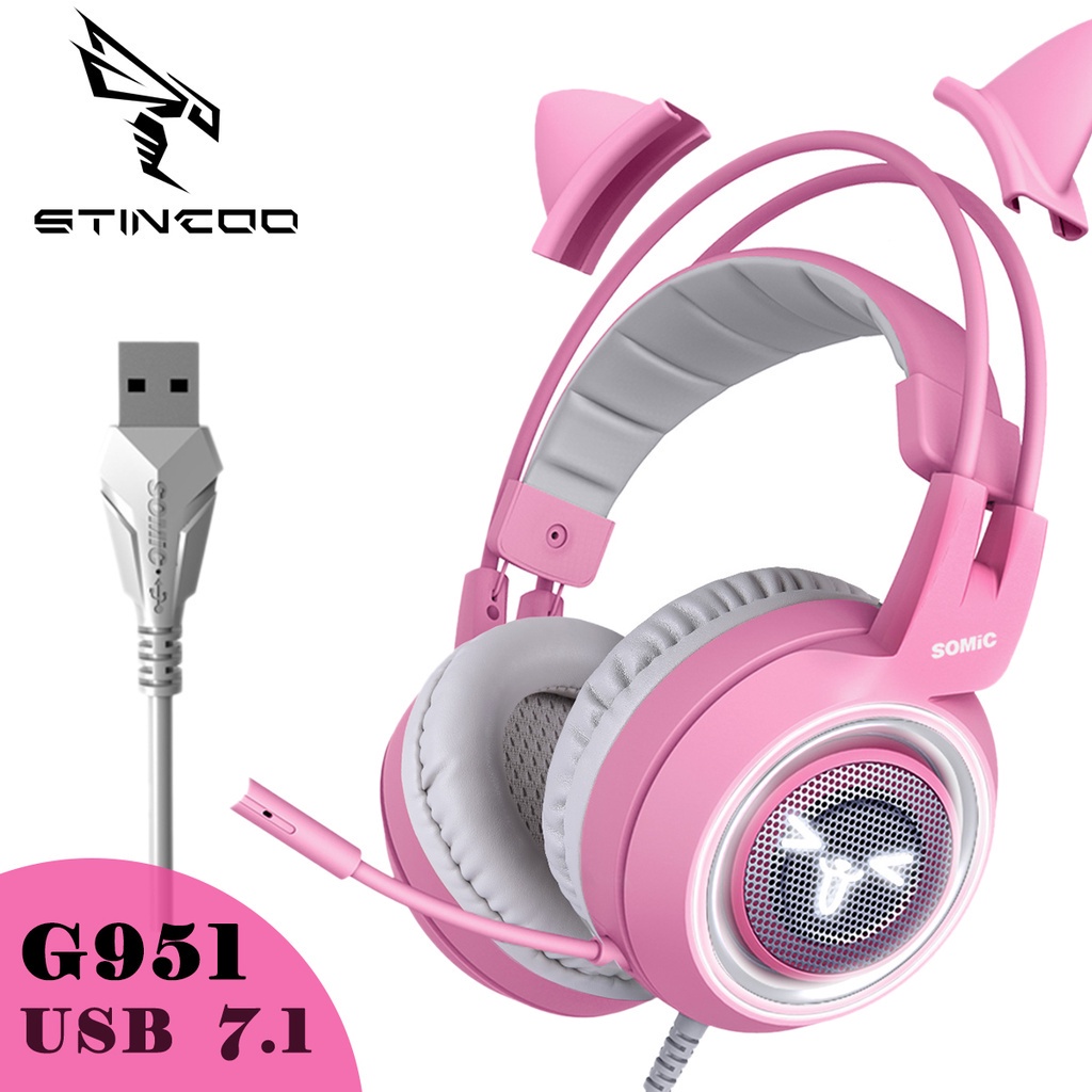 SOMIC G951 Pink Headset USB 7.1 / 3.5mm Cat Ear Headphones Gaming ...