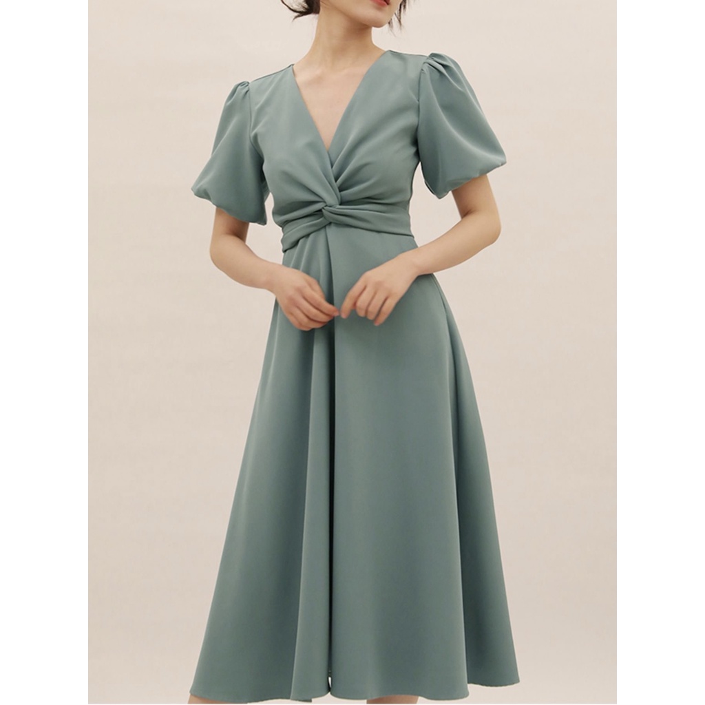 A3060 EZ Fashion Elastic Sleeve V-neck Twisted Bowknot Solid Dress ...