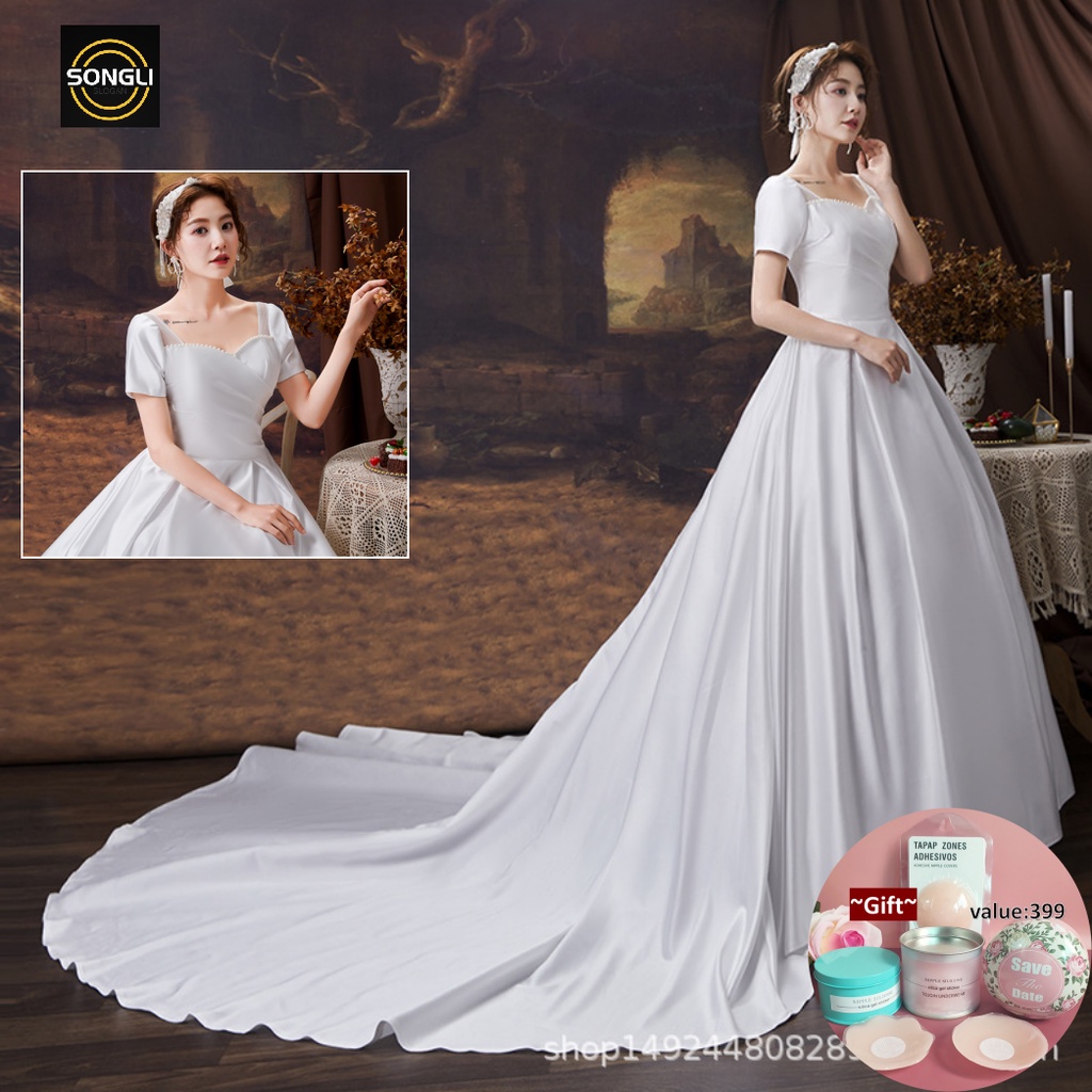 Wedding Dress Gown New Trailing Bride One Shoulder Satin Wedding Dress ...