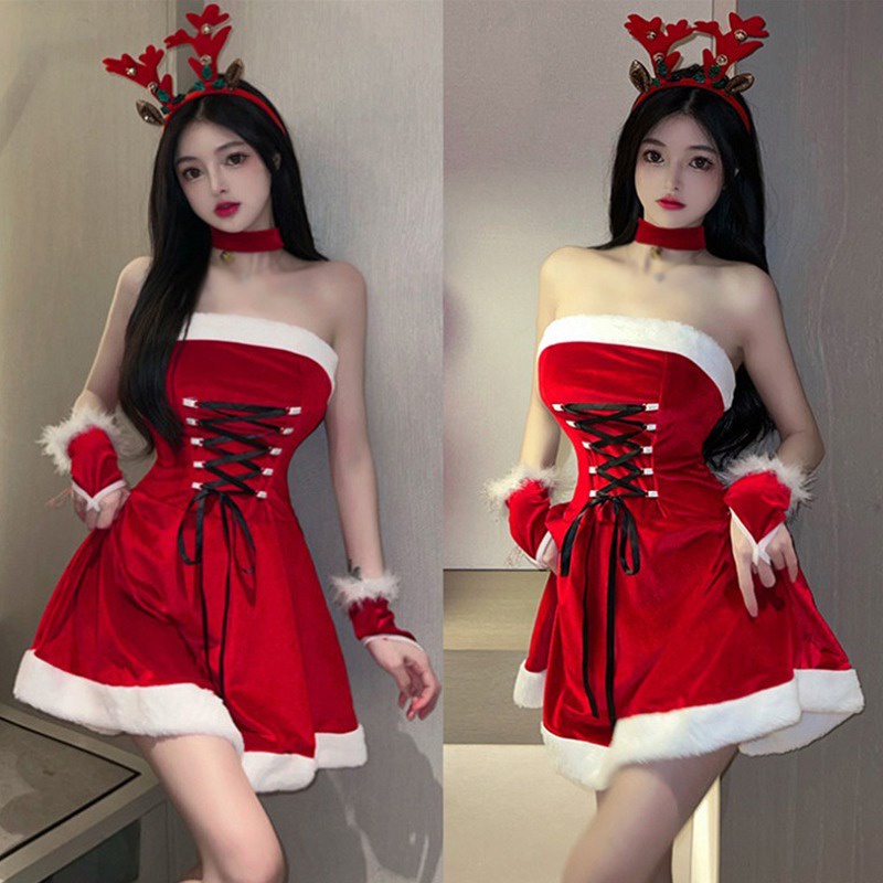 Women's Christmas Dress Lint Lace-ups Slim Sexy Red Xmas Uniform with ...