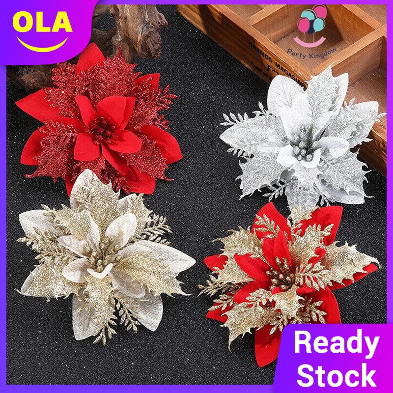 1pc Christmas Tree Flowers Red Gold Poinsettia Christmas Tree Ornament ...