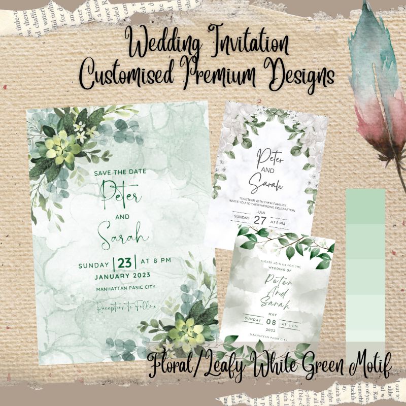 WEDDING INVITATION CUSTOMISED (WHITE GREEN FLORAL LEAFY MOTIF) PREMIUM ...