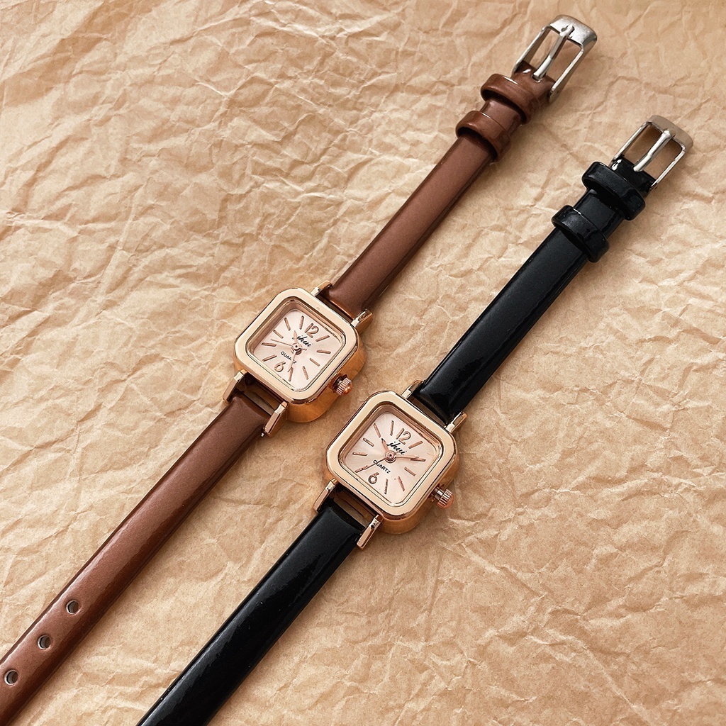 Women's Small Square Watch, Quartz Movement, Genic Leather Strap ...