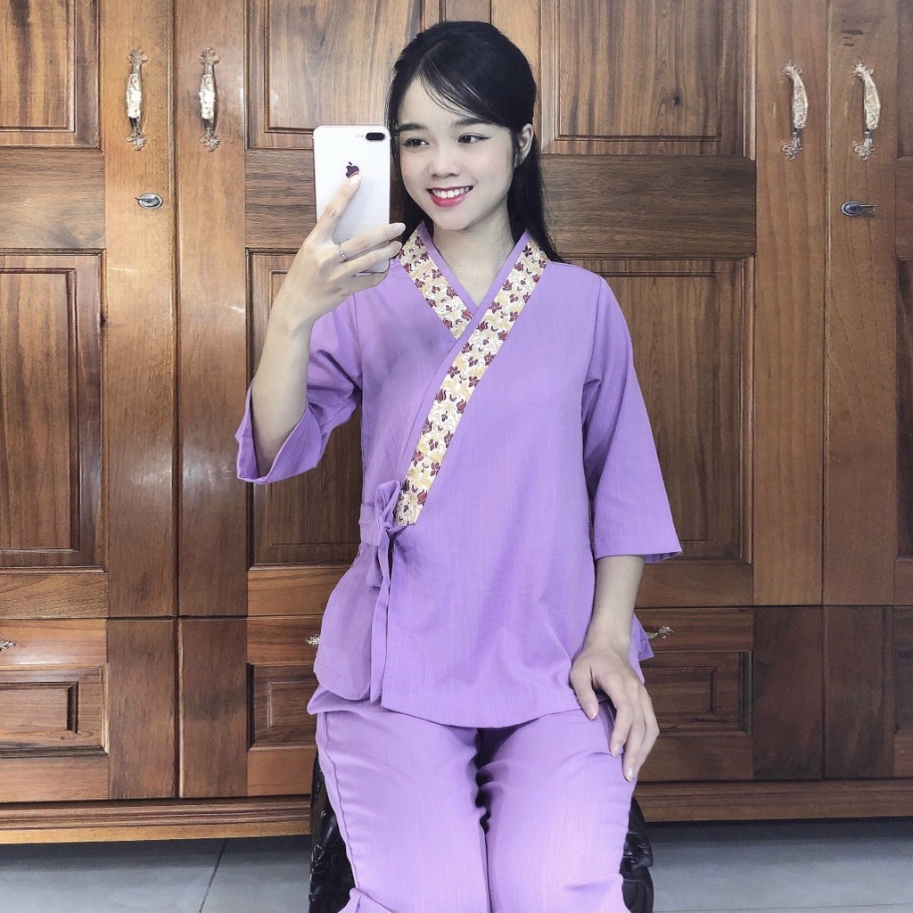 Buddhist women's clothes with blue pagoda pattern and linen bow code ...