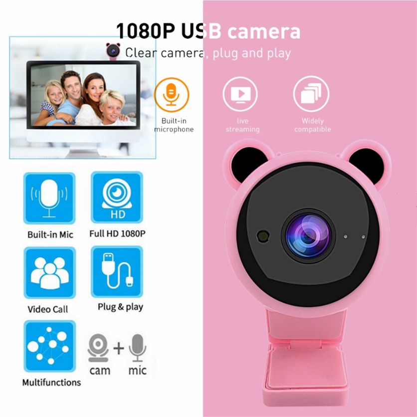 PISEN Pink Webcam HD 1080P Camera Focus Night Vision Built-In ...