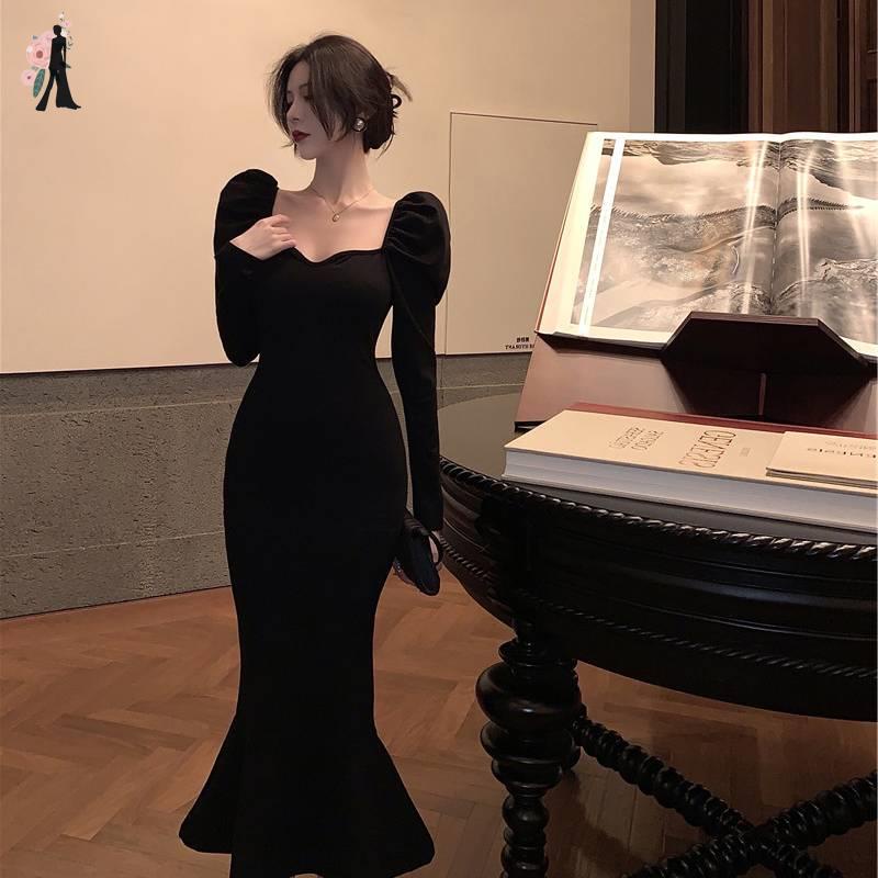 Black dress formal elegant Evening Dinner Gown Large size French puff sleeve temperament women's ...