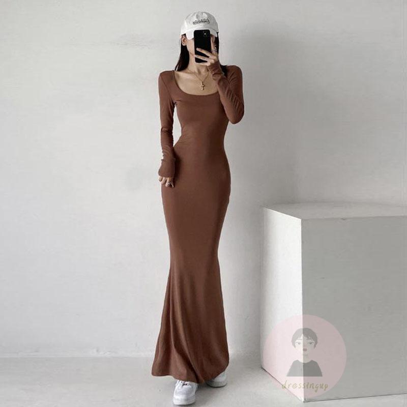 DRE-Women´s Fishtail Hem Long Dress, Solid Color U-Neck Long Sleeve ...