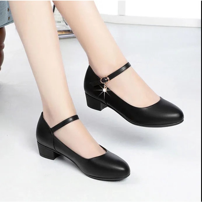 Single shoes female round head new mother shoes thick heel soft leather ...