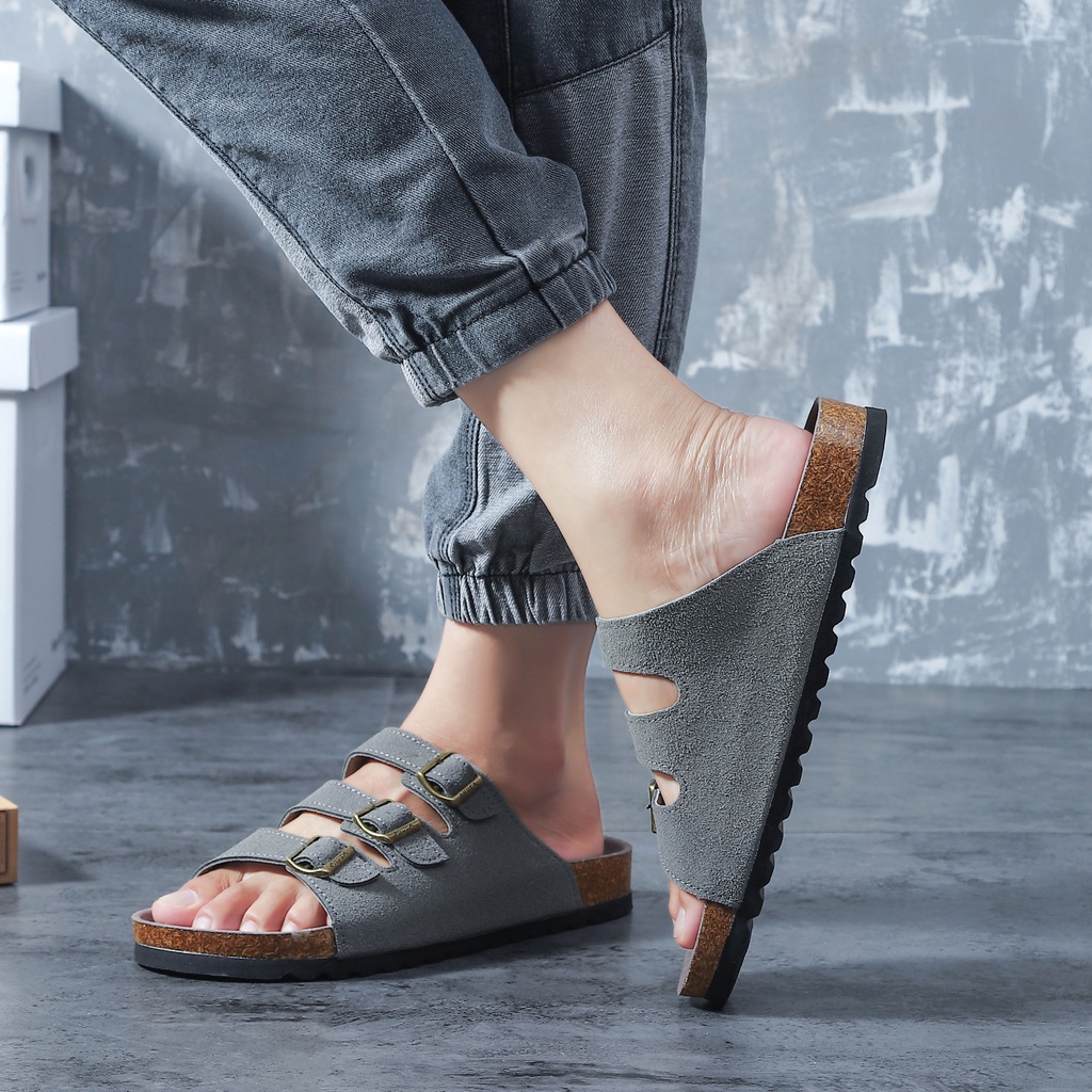 SHUTA FOR mens three buckle gamoza strap and cork rubber sole flat ...