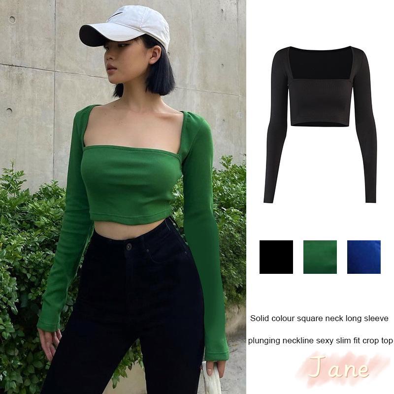 Women Solid Color Square Neck Long Sleeve Midriff-baring Sexy Slim Crop ...