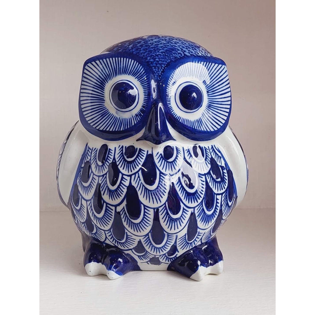 Large Porcelain Owl Figurine Ceramic Owl figurine Display Blue White ...