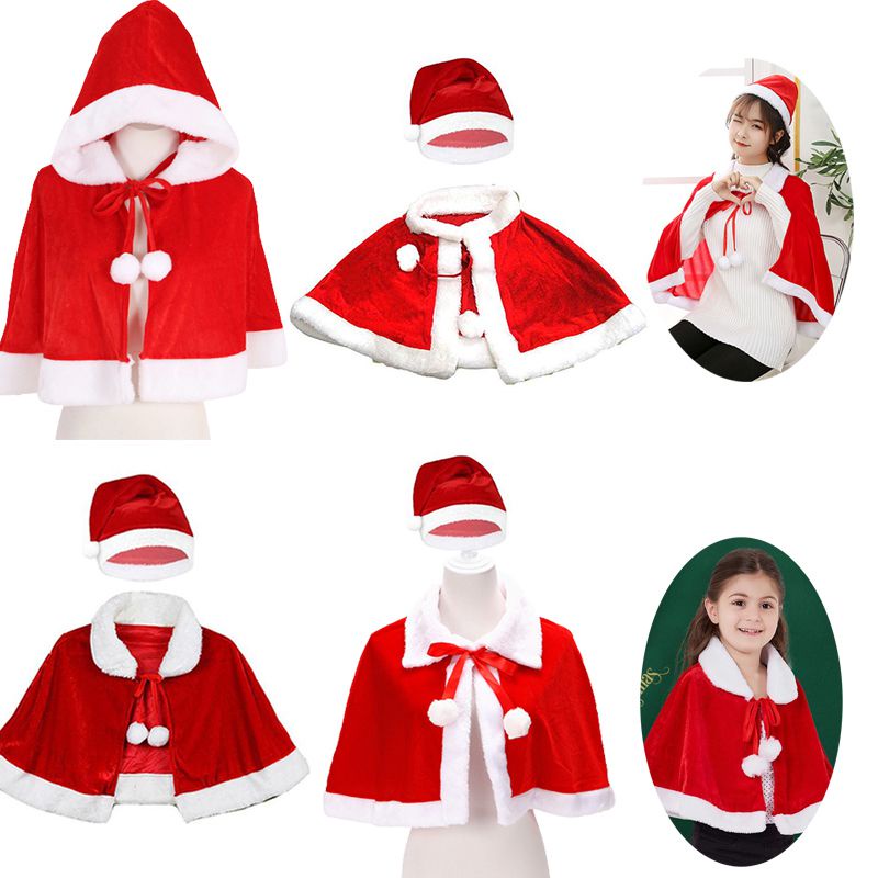 【COD】Kids Adult Christmas Cape With Hat Santa Claus Velvet Red Short ...