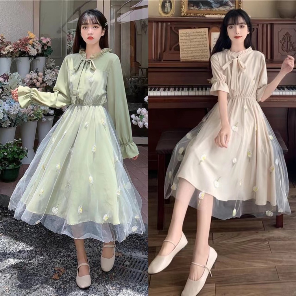 【COD】Dress autumn new school style waist show thin chiffon long sleeve ...