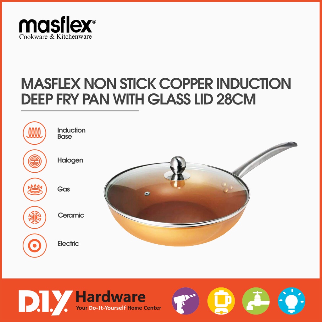 Masflex Non Stick Copper Induction Deep Fry Pan with Glass Lid 28cm ...