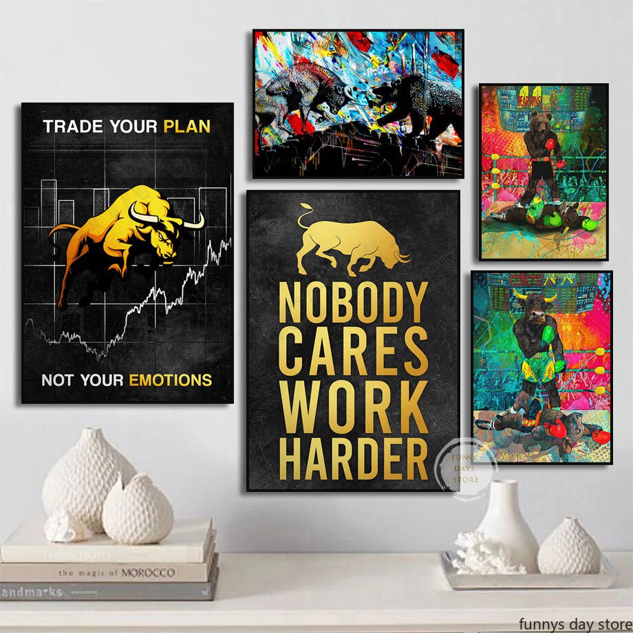 Graffiti Bear Boxing Bull Money Art Poster Wall Pictures Financial ...