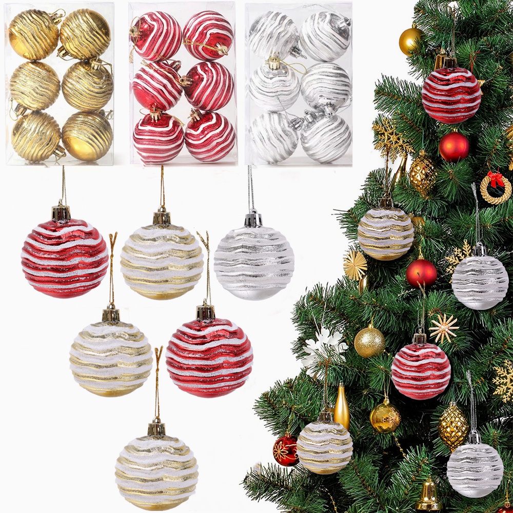 6Pcs 6cm Christmas Balls Glitter Gold Silver Red Xmas Tree Ornament ...