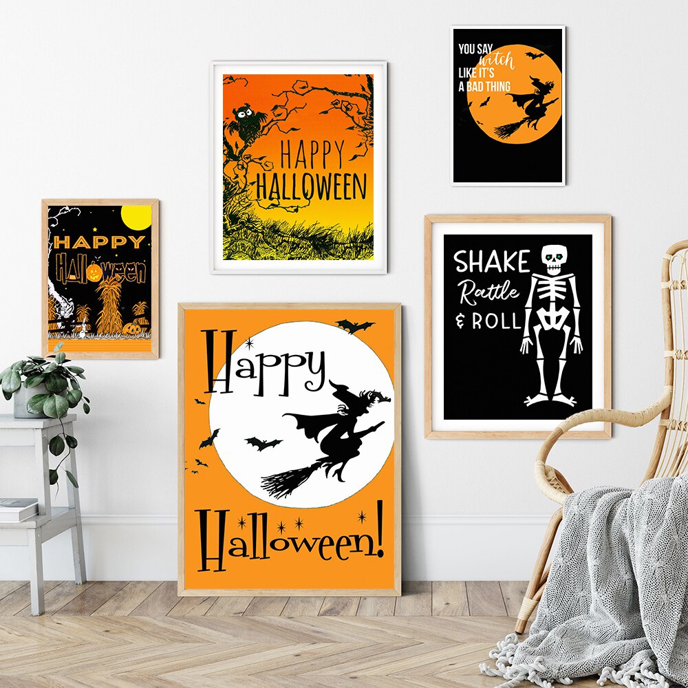 Happy Haloween Witch Be Scary Cartoon Oil Canvas Skeleton Ghost Kids ...