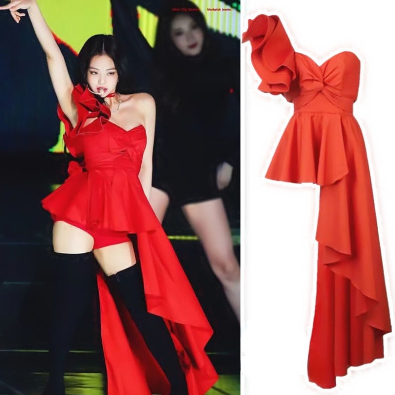Blackpink Jennie Fashion Style Red Off-the-Shoulder Top Bow Dance Dress ...